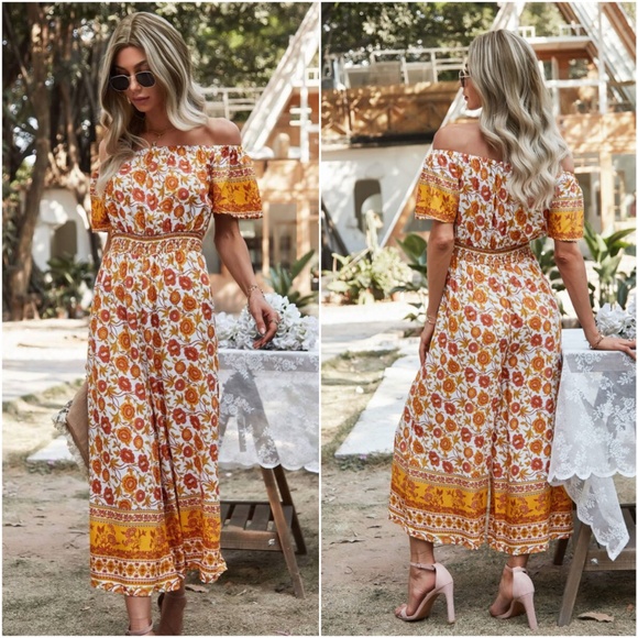 Pants & Jumpsuits | Boho Mustard Off Shoulder Wide Leg Jumpsuit | Poshmark